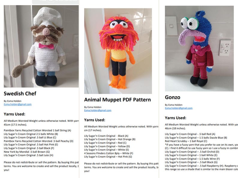 Crochet Muppets Pattern Bundle PDF | Animal, Chef, Gonzo, Kermit, Rowlf ...