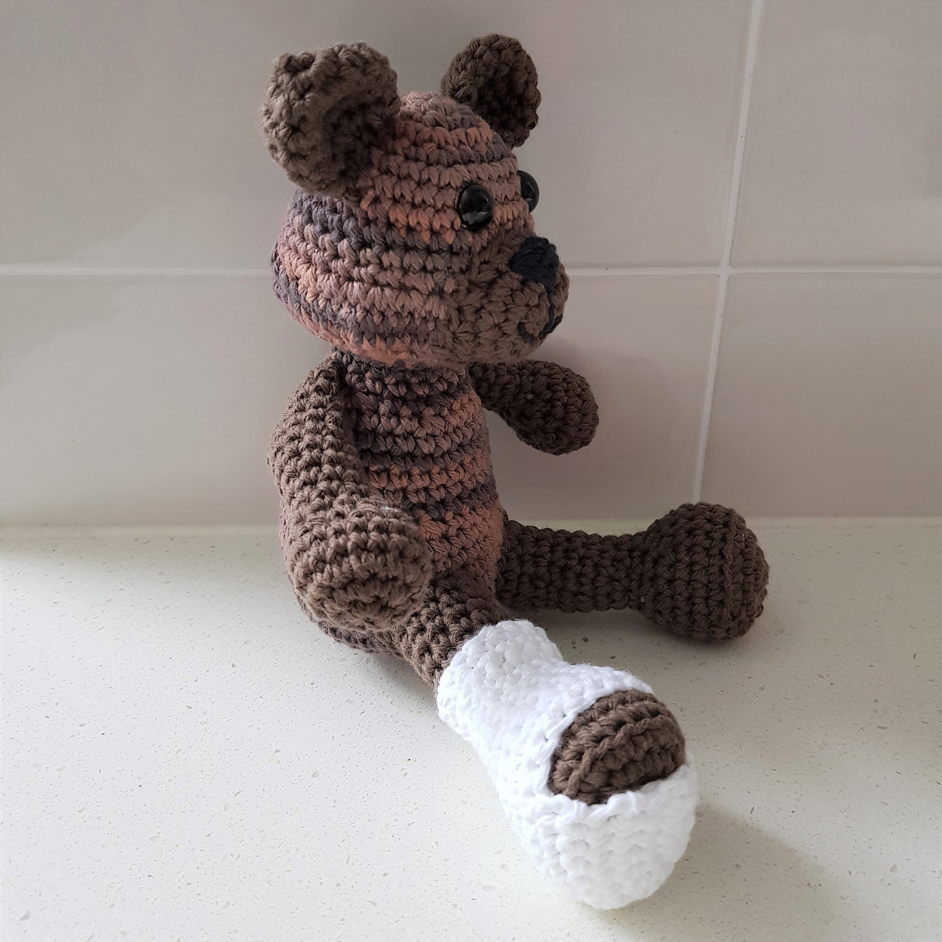 Hand Crocheted Broken Leg Teddy Bear