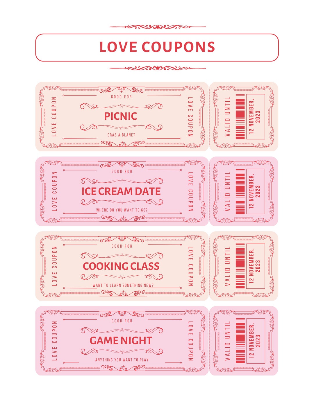 Minimalist Love Coupons, Printable Personalized Love Coupon Book for Him & Her, Editable Couple ...