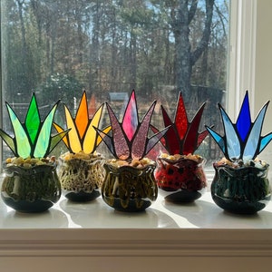 Stained Glass "spiky" Agave Aloe Potted Plant in Psychedelic Drip Glaze ...