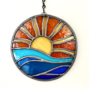Brilliant Stained Glass Sunset on Ocean Suncatcher | Nautical Sunset ...