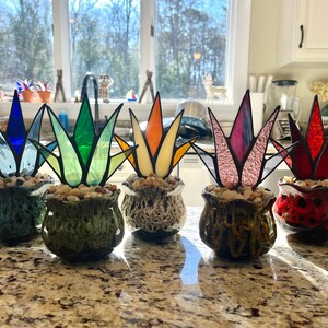 Stained Glass "spiky" Agave Aloe Potted Plant in Psychedelic Drip Glaze ...