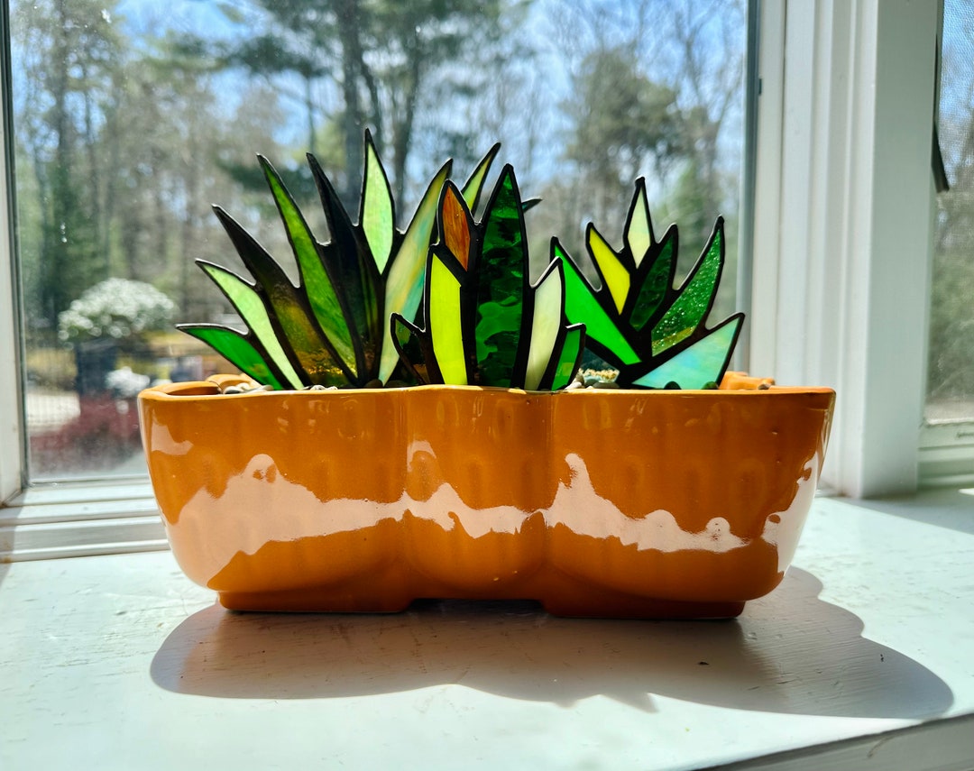 Brilliant Mid-century Modern Stained Glass Agave Potted Plants in Retro ...