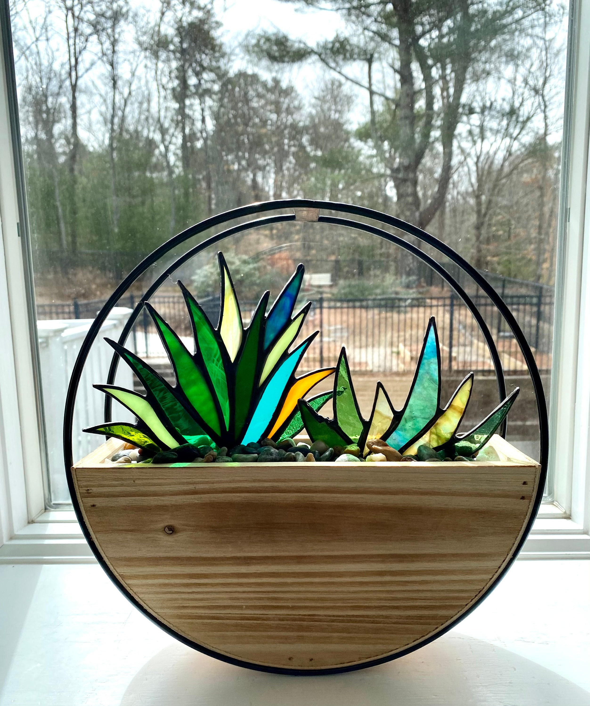 Modern Stained Glass Agave Aloe Potted Plant in Wooden/Metal | Etsy