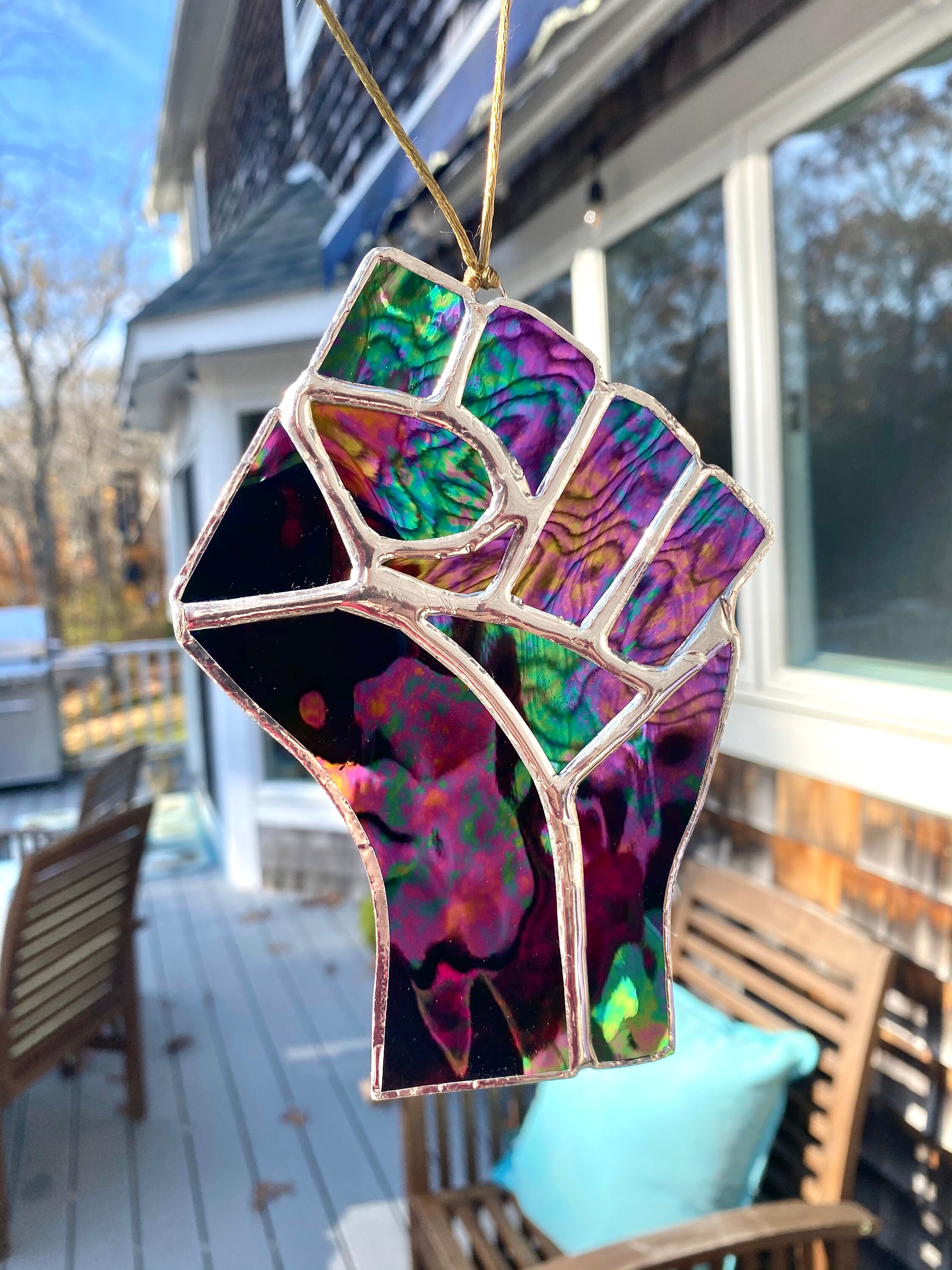 Stained glass hexagon geometric suncatcher. Orange/amber and clear ...