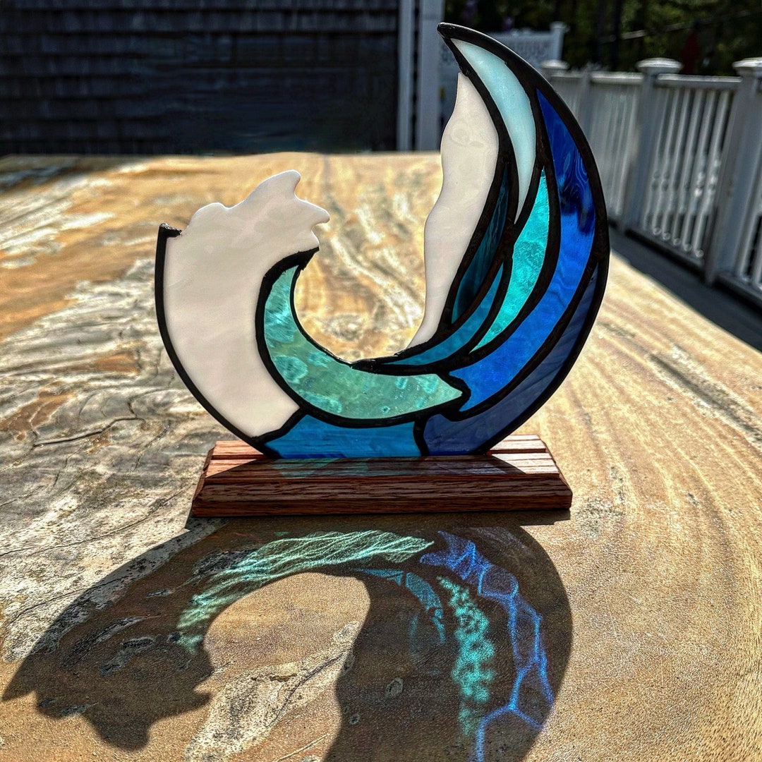 Gorgeous Art Glass Wave Sculpture in Wooden Base | Sculpture Nautical ...