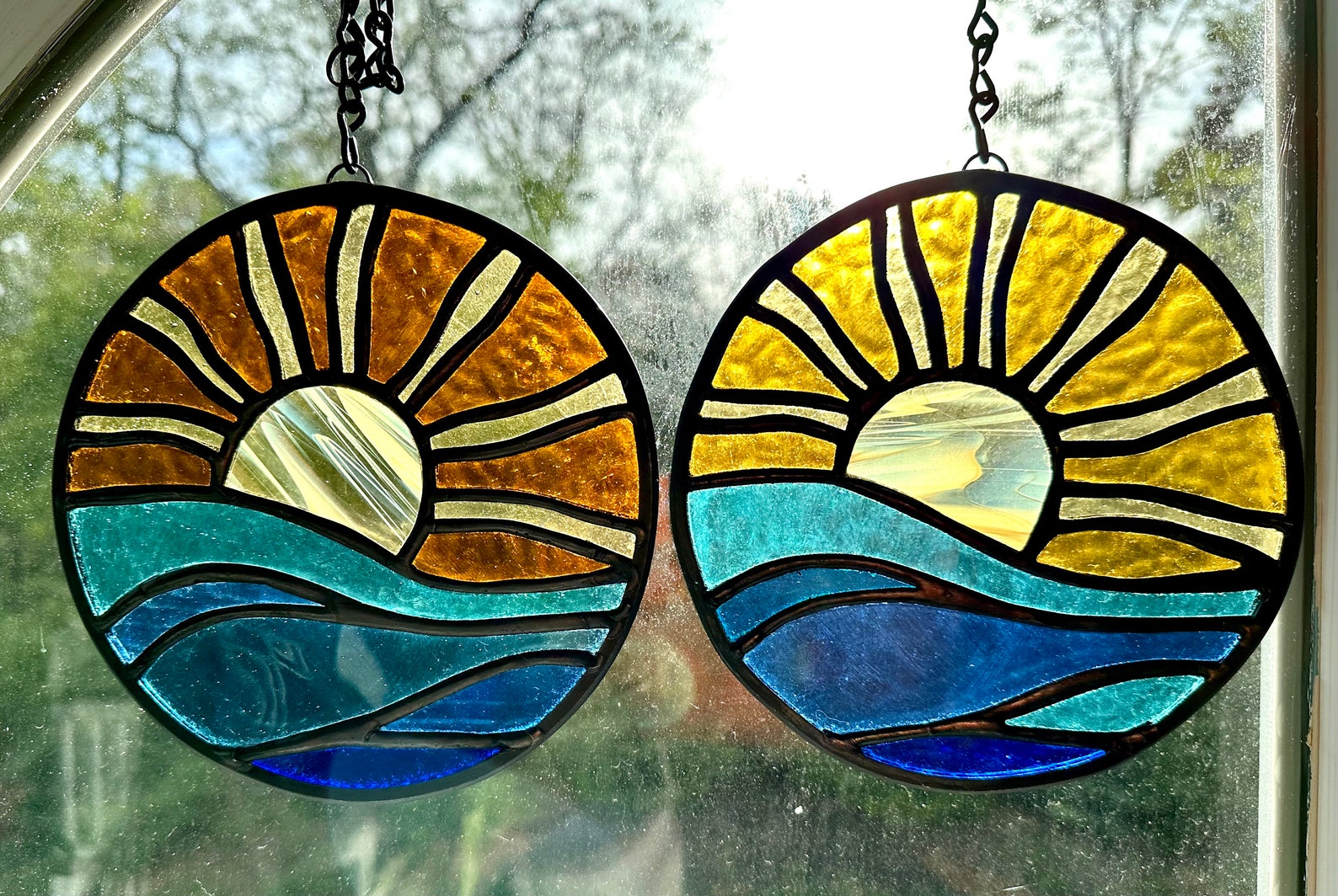 Brilliant Stained Glass Sunset on Ocean Suncatcher | Nautical Sunset ...
