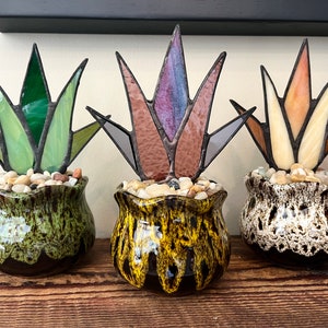 Stained Glass "spiky" Agave Aloe Potted Plant in Psychedelic Drip Glaze ...