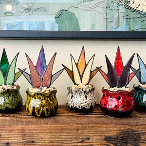 Stained Glass "spiky" Agave Aloe Potted Plant in Psychedelic Drip Glaze ...