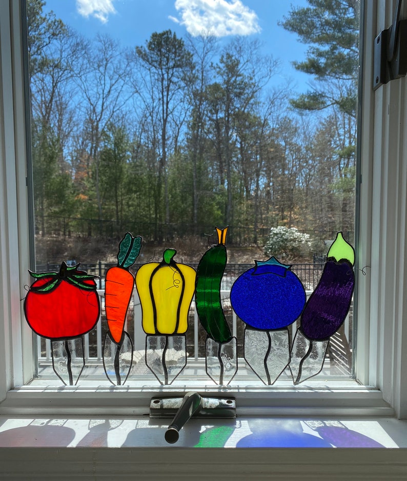 Whimsical Stained Glass Rainbow Vegetable Garden Picks | Tomato Carrot ...