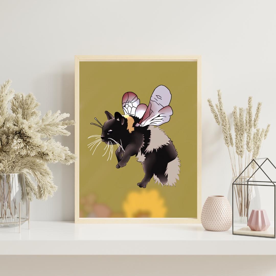Bumblebee Black Cat 8x10 Art Print | Whimsical Animal Hybrid Wall Art ...