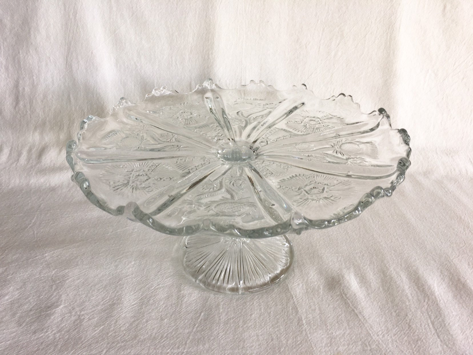 Small Glass Cake Stand, Sandwich Glass Pedestal Cake Plate, Vintage ...