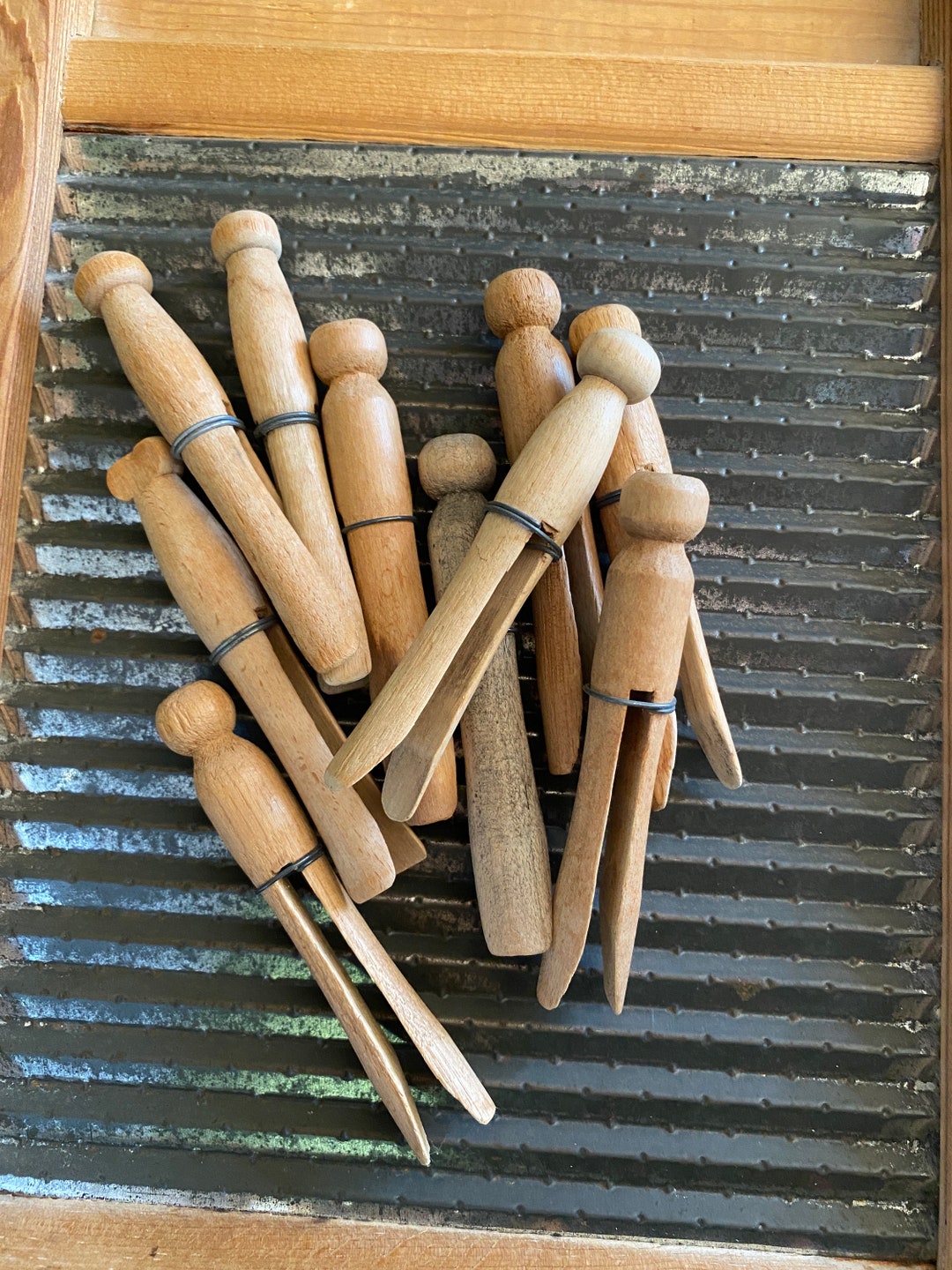 10 Wood Peg Clothespins Vintage Wire Wrapped Laundry Decor Craft Supply ...