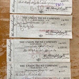 4 Cancelled Checks, 1920s, the Humphrey Co, the Union Trust Company ...