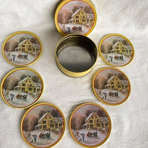 Currier & Ives Coaster Tin, Vintage, 1970s, Winter Scene, Set of 6 ...