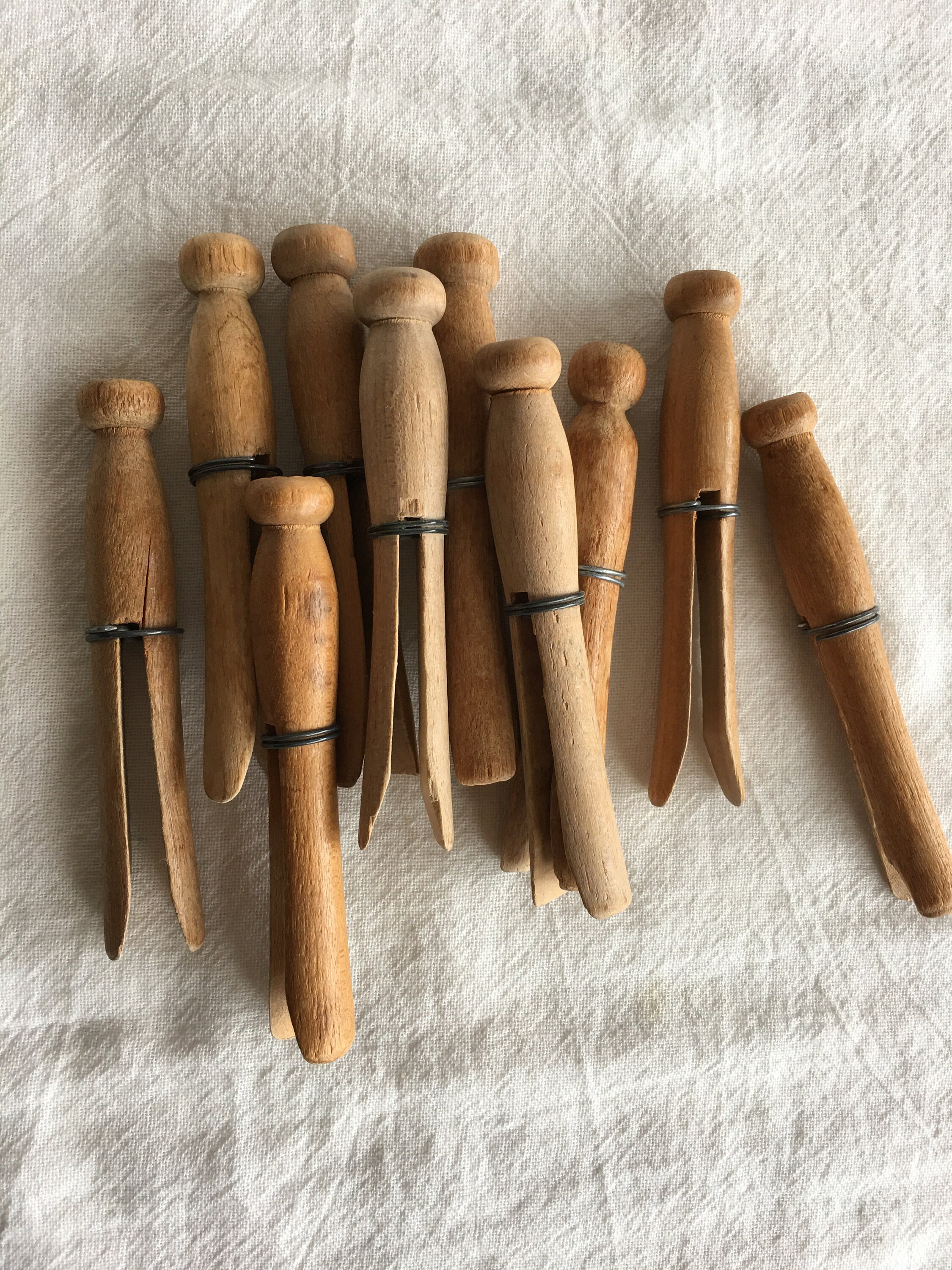 10 Wood Peg Clothespins Vintage Wire Wrapped Laundry Decor Craft Supply ...