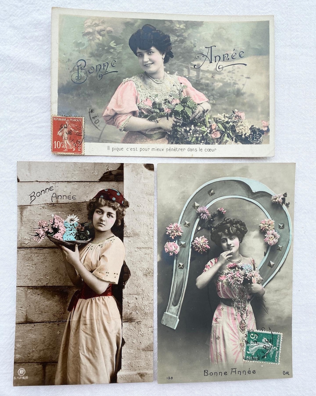 Antique French Post Cards, Set of 3, Used, Ephemera, 1900s, Bonne Année ...
