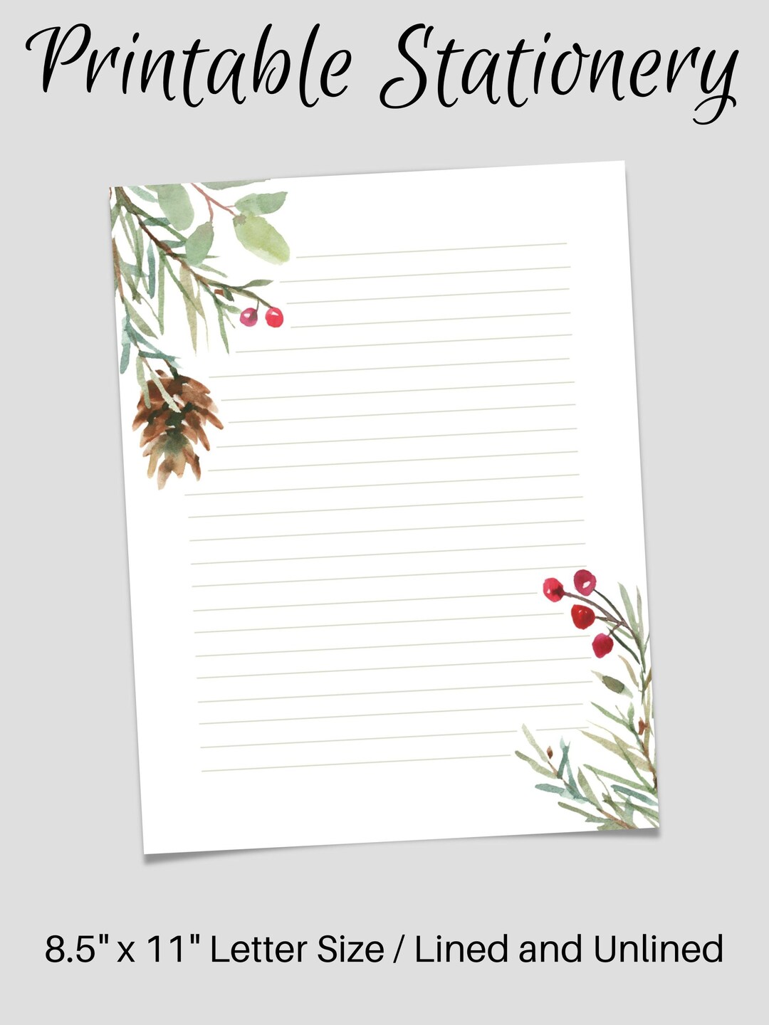 Pinecone Christmas Printable Stationery – Winter Writing Paper, Lined ...