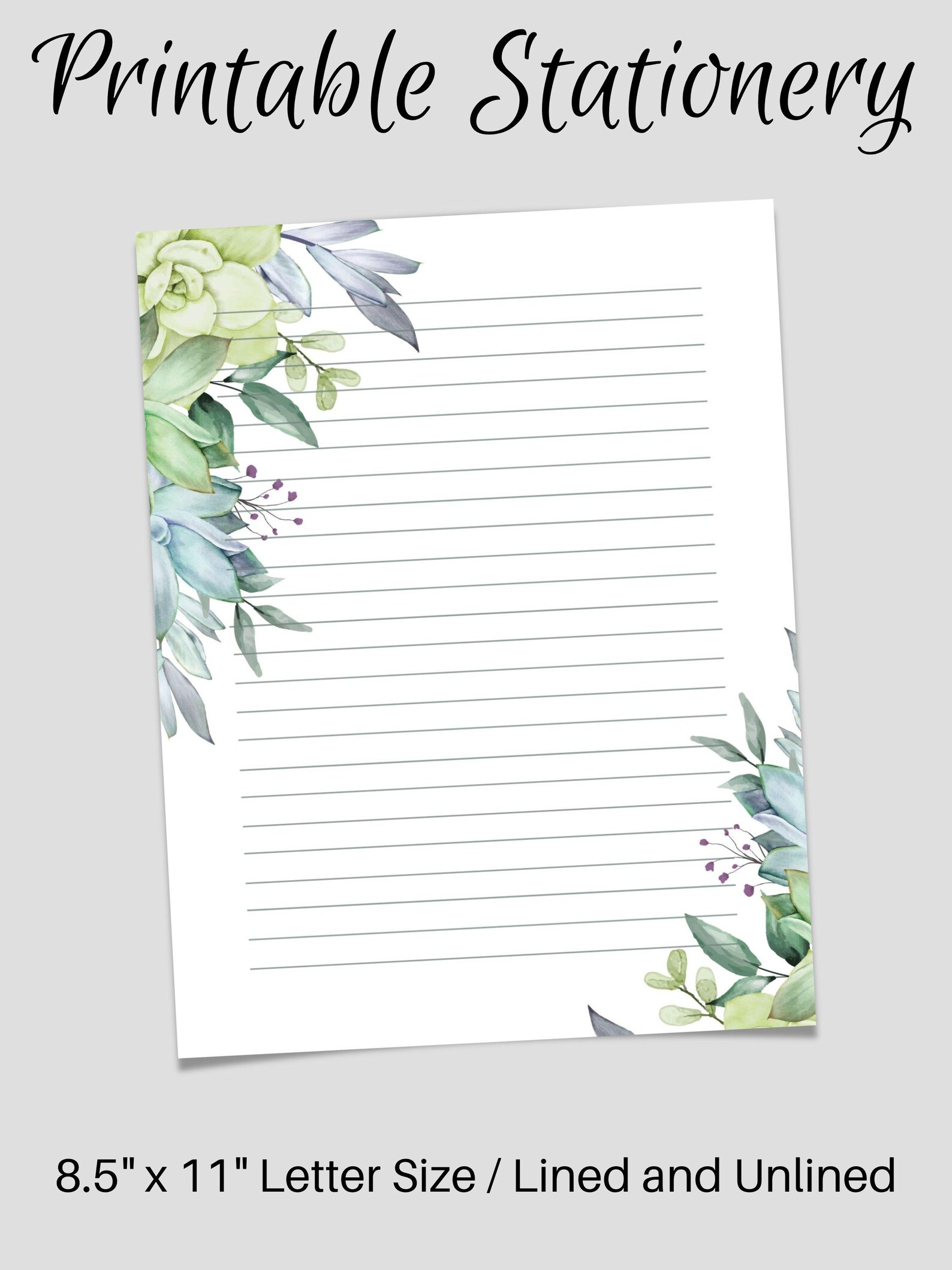 PRINTABLE Notes, Succulent Letter Writing Paper, 8.5x11, Unlined ...