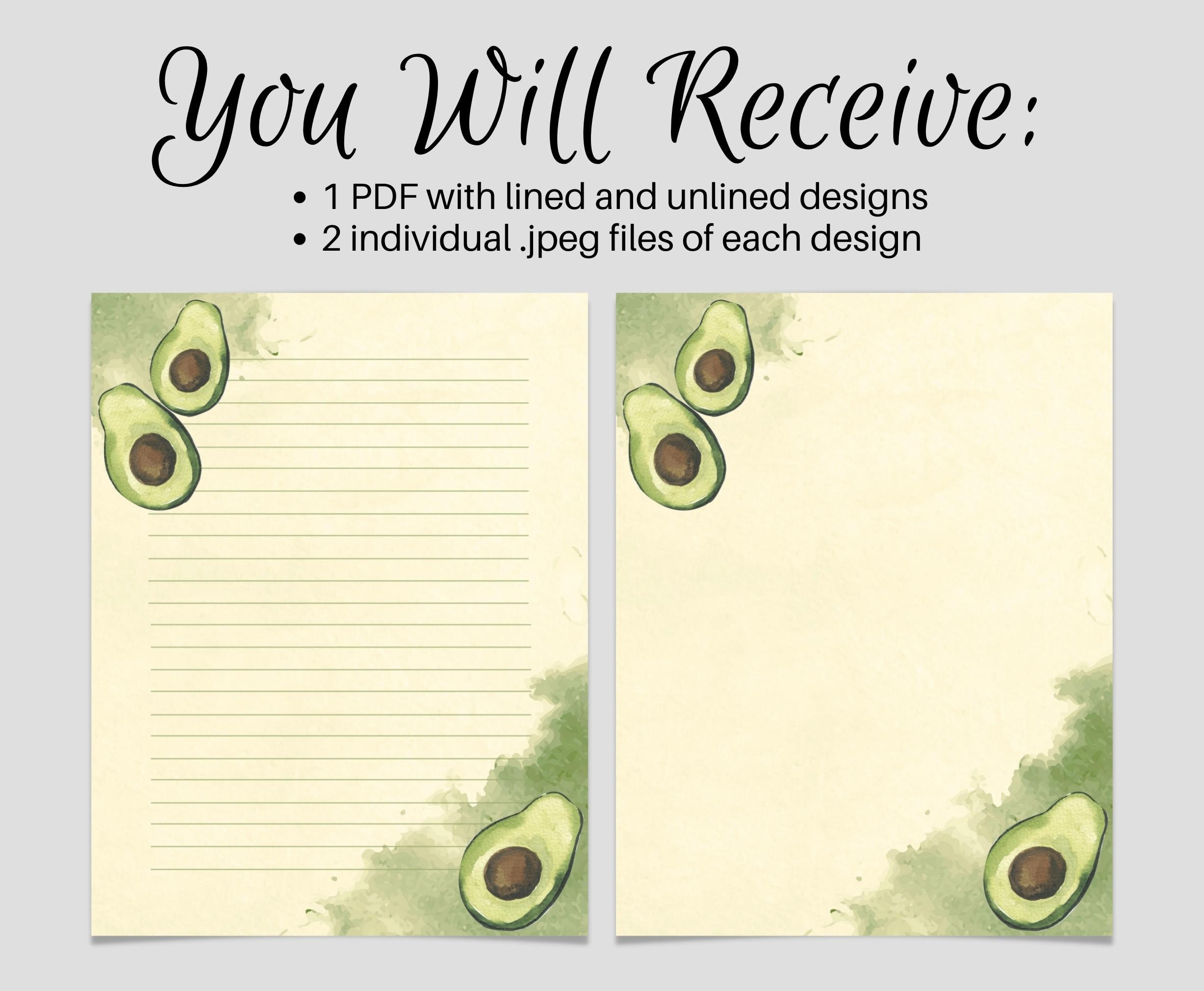 PRINTABLE Notes, Cute Avocado Letter Writing Paper, Unlined Journal ...