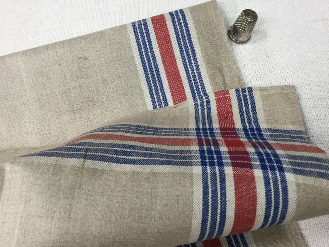 3 M of Linen Fabric, Blue and Red Stripes, Old Linen Lé, 1930s. Antique ...