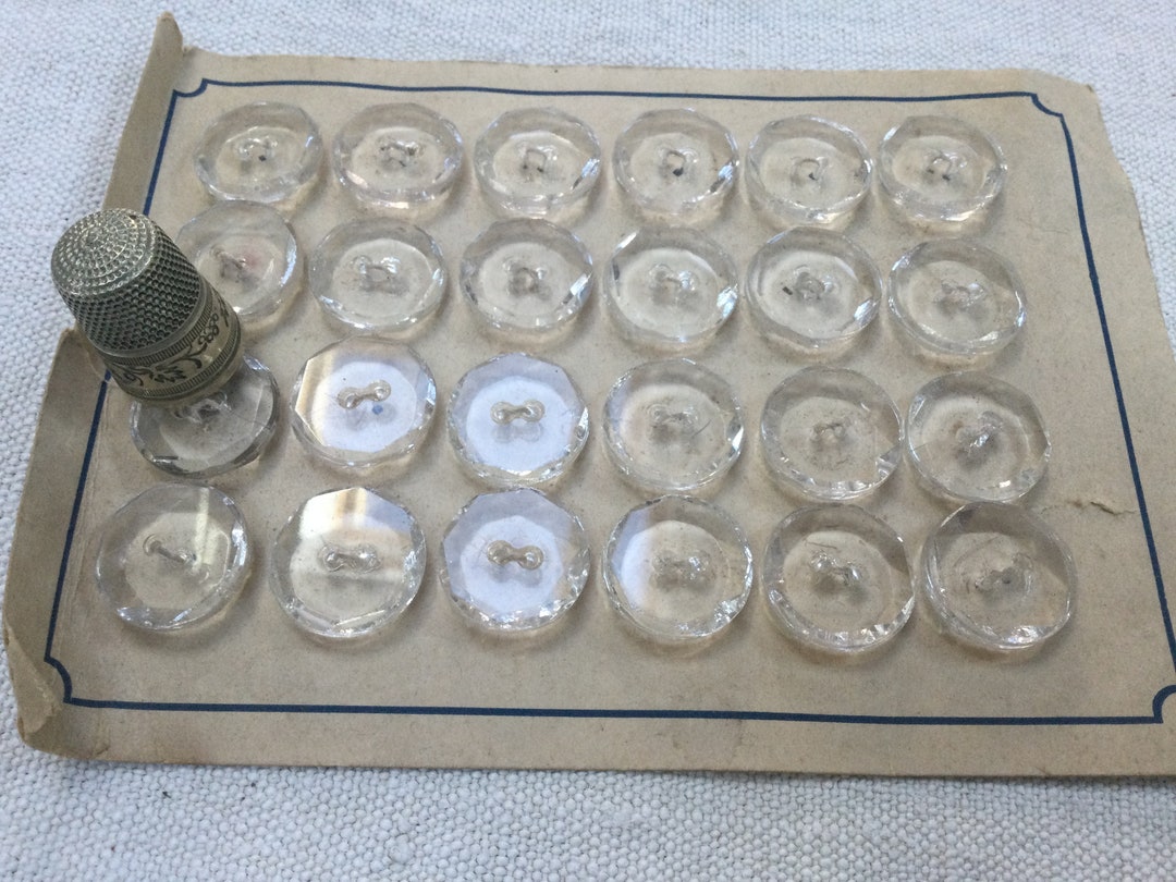 24 Clear Glass Buttons, on Card, Thick, Antique, 1cm80. 24 Vintage ...