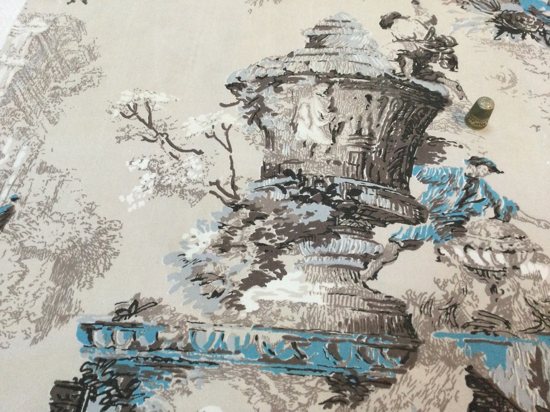 Cotton Canvas, Printed With Scenes, Old. Cloth. Blue Flowers. Vintage ...