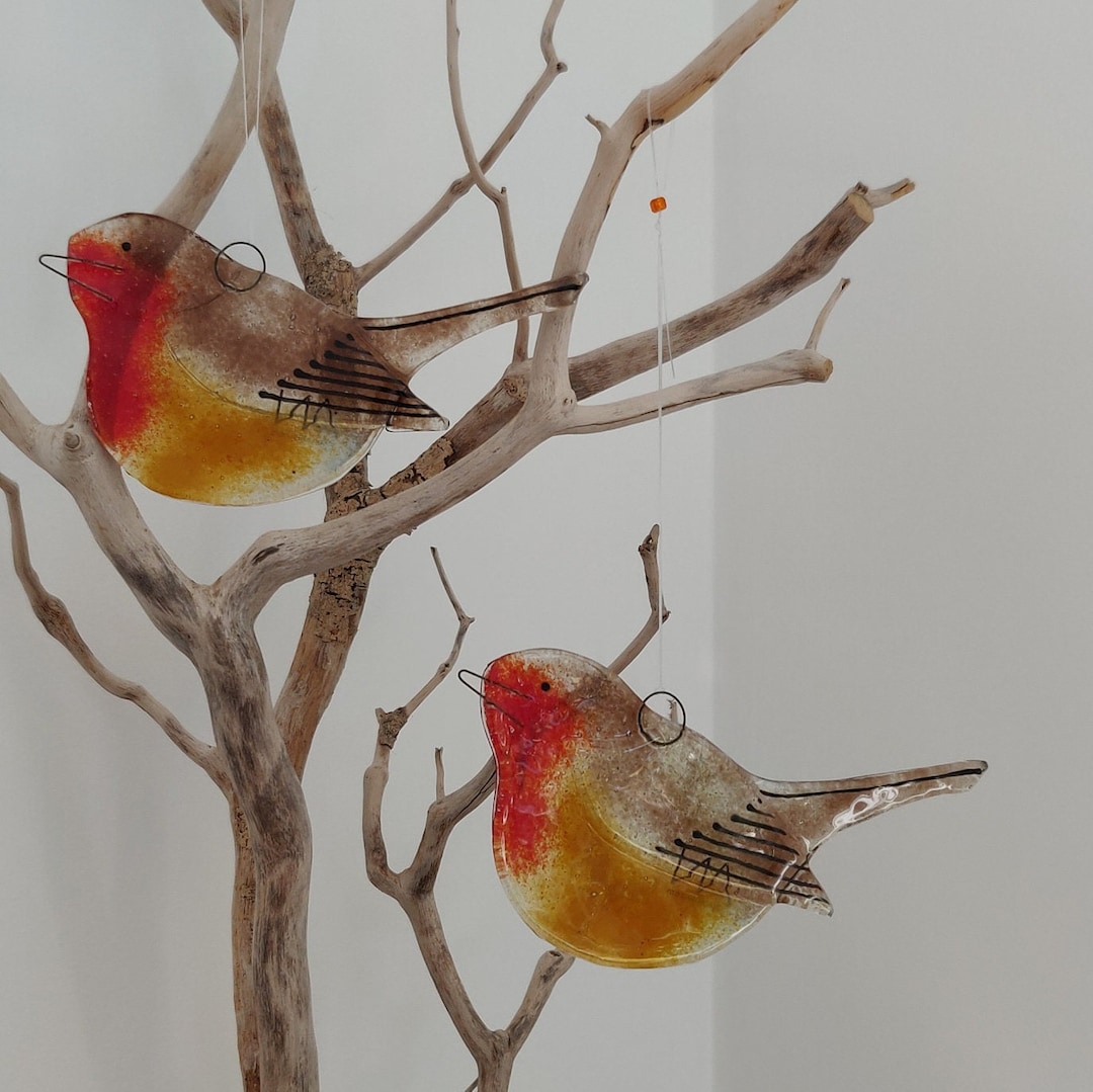 Realistic Fat Robin Hanging Fused Glass Sculpture - Xmas or All Year ...