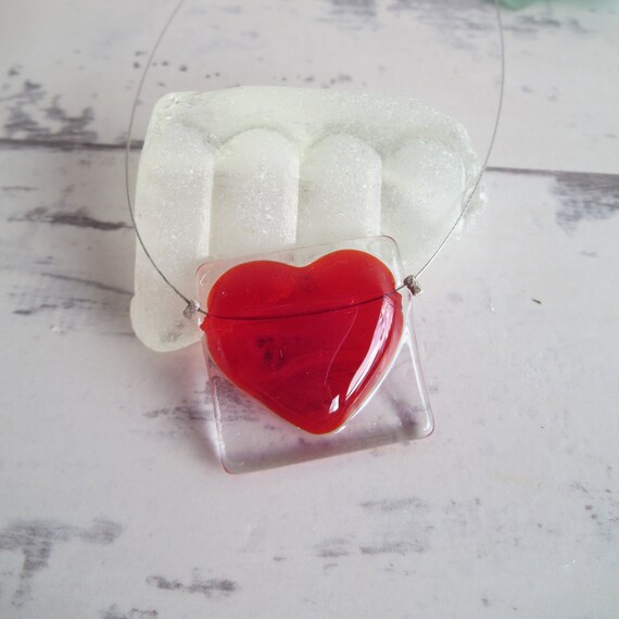 Floating Heart Pendant on Tiger Tail Fused Red Glass | Etsy