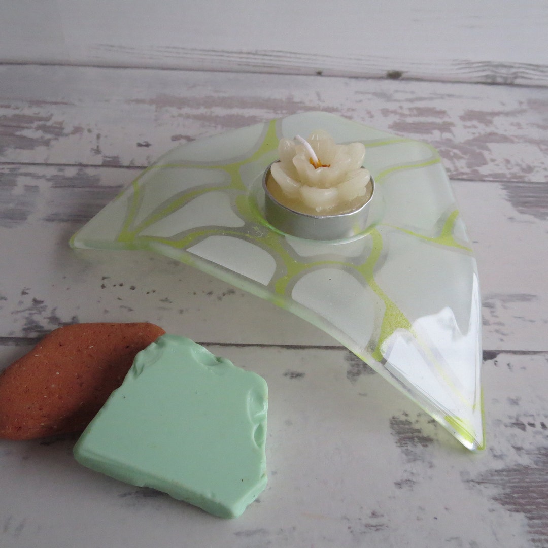 Triangular T Light Candle Holder Modern Fused Glass Yellow & White Lava ...