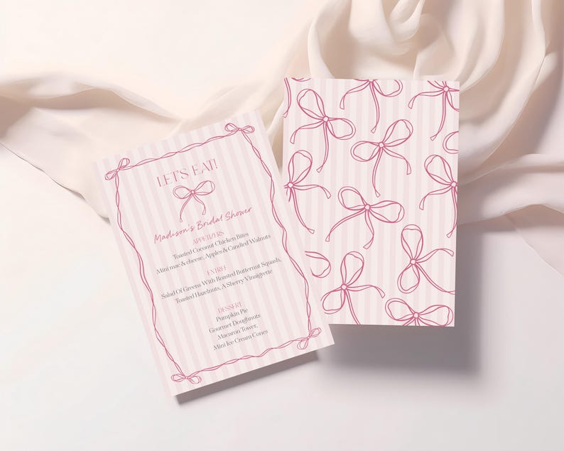 Pink Coquette Bow Menu Template, Pastel Pink Baby Shower Theme, Tying ...