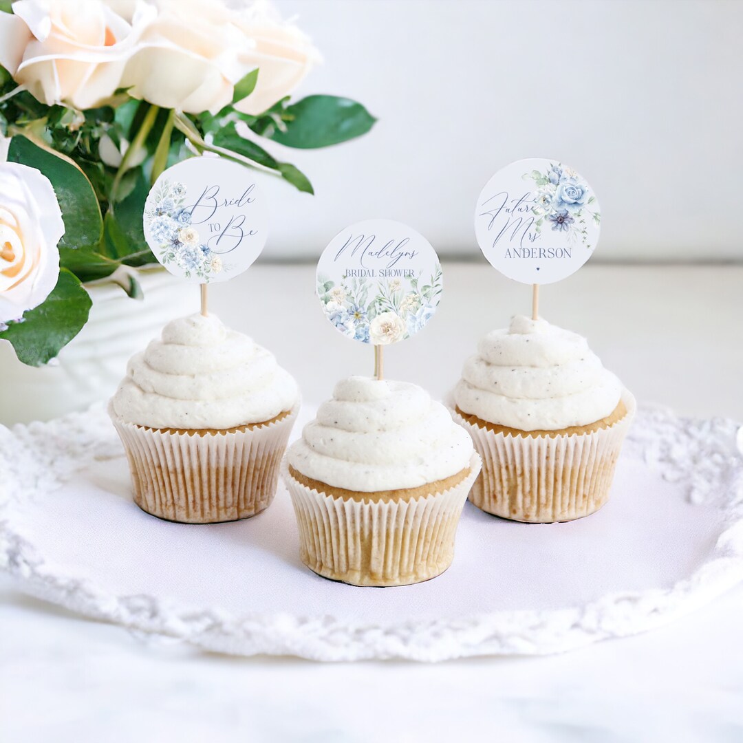 Blue Floral Bridal Shower Cupcake Toppers Printable Template, Something ...