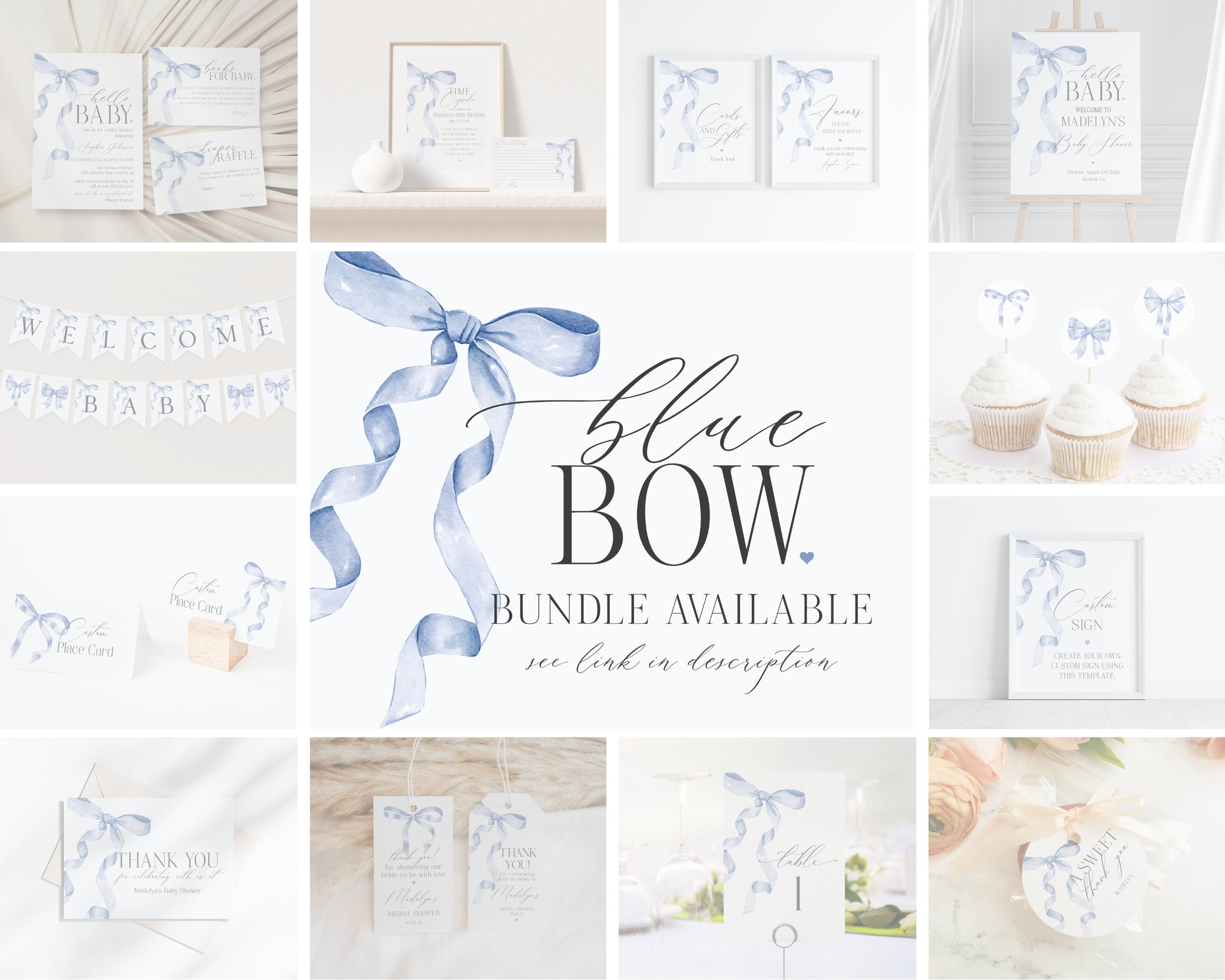 Blue Bow Birthday Invitation Printable Template, Fancy Coquette Bow ...