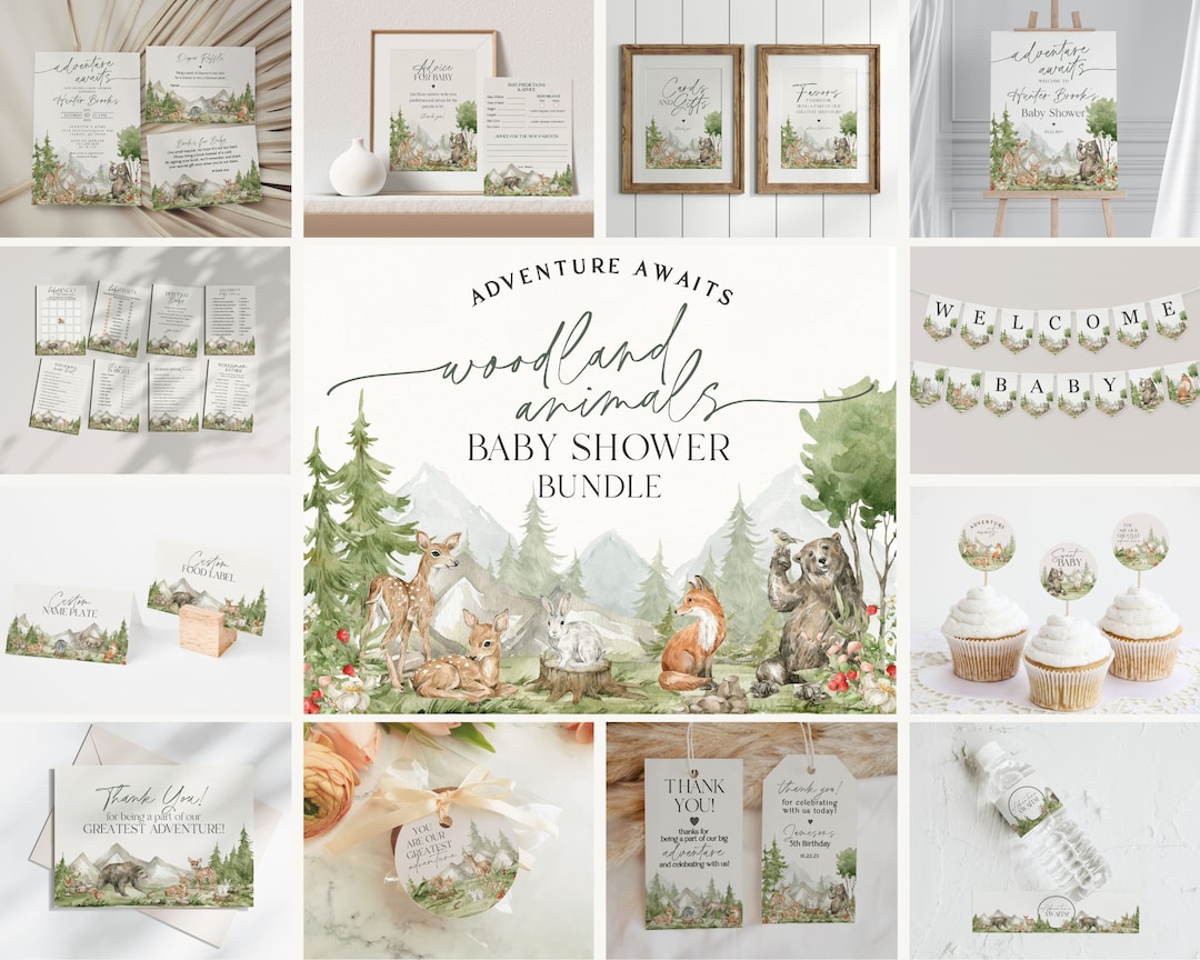 Woodland Animals Baby Shower Bundle Printable, Woodland Outdoor Gender ...