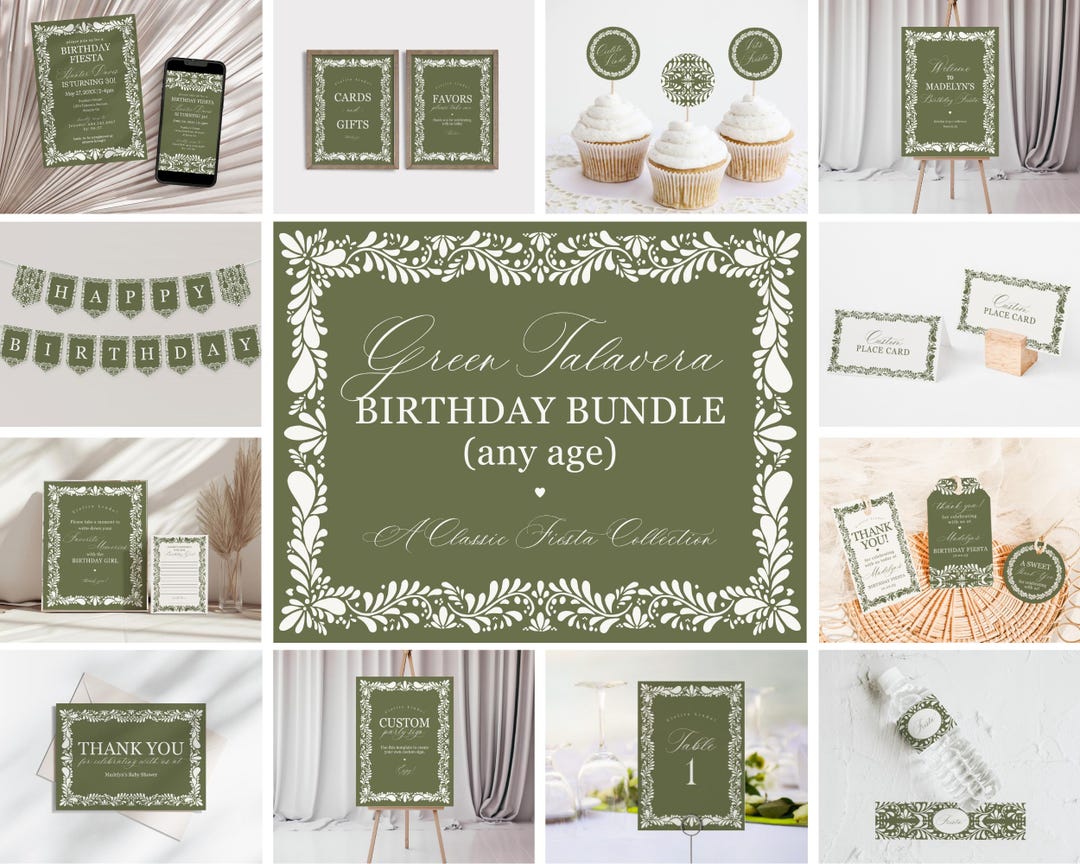 Green Talavera Birthday Bundle Printable Template, Olive Spanish Tile ...