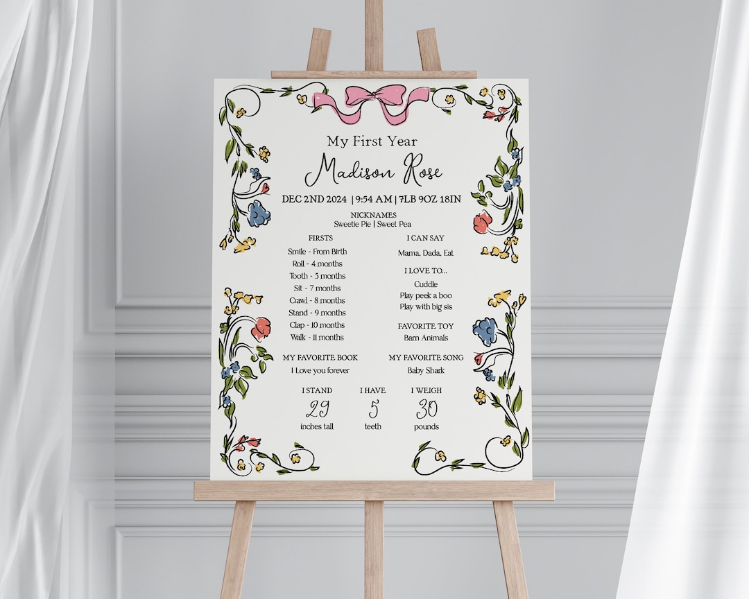 Whimsical Floral My First Year Milestone Sign Printable Template, Hand ...