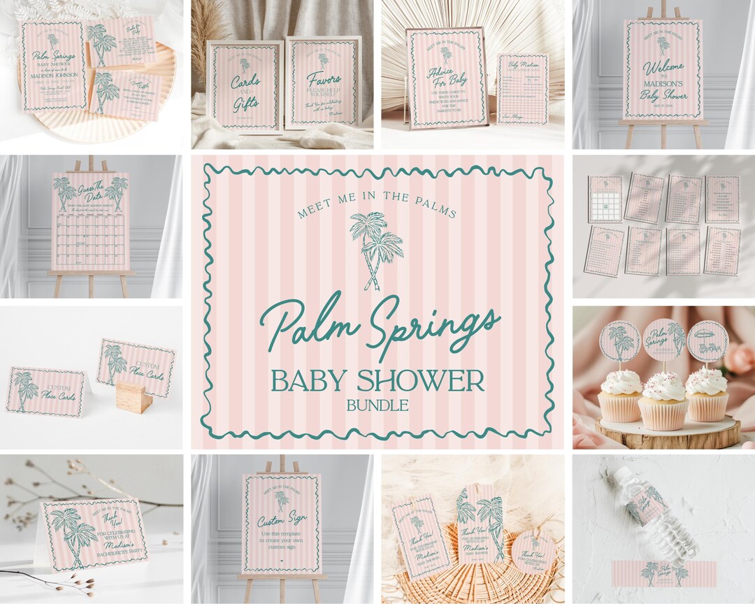 Pink Palm Springs Baby Shower Bundle Template, Vintage Beach Cabana ...