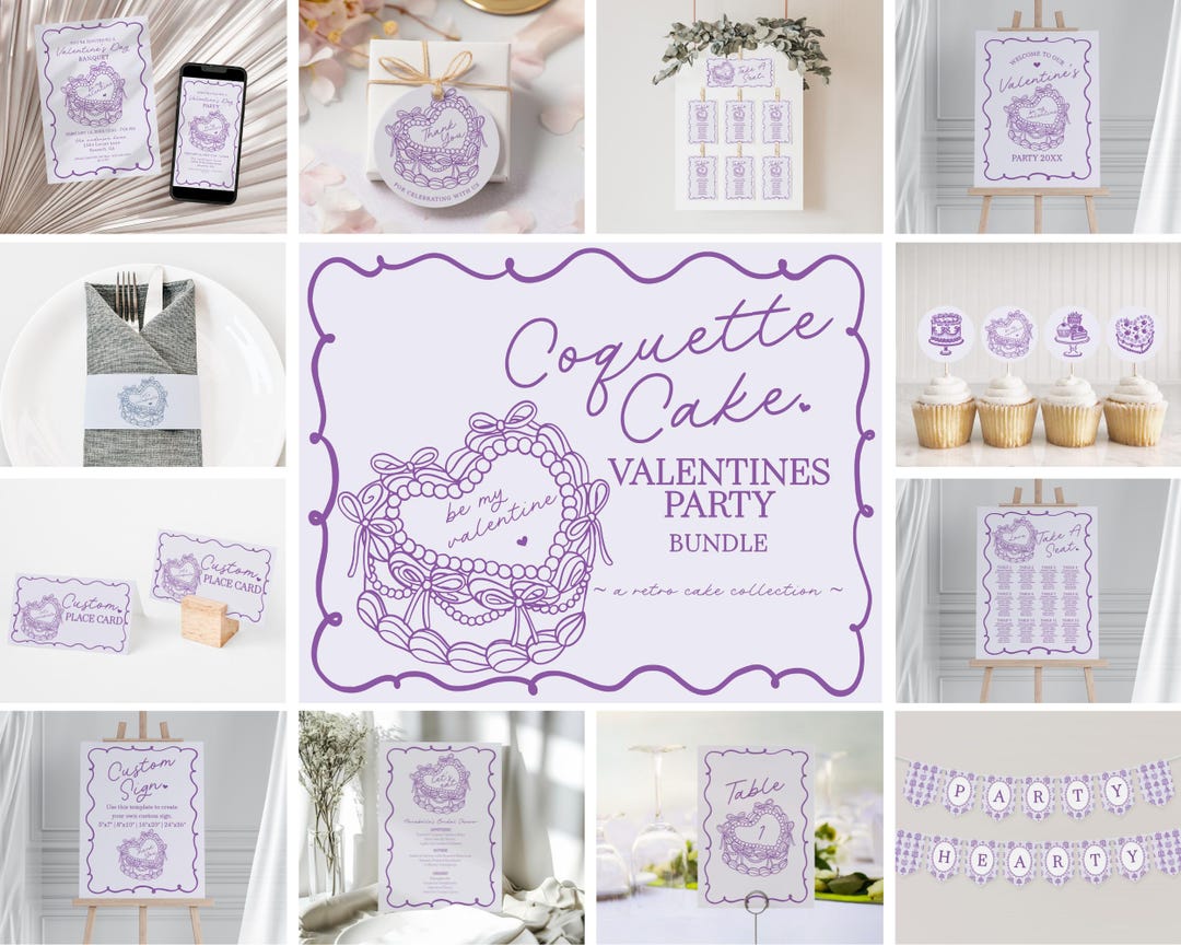 Purple Retro Coquette Heart Cake Valentines Party Bundle Template ...