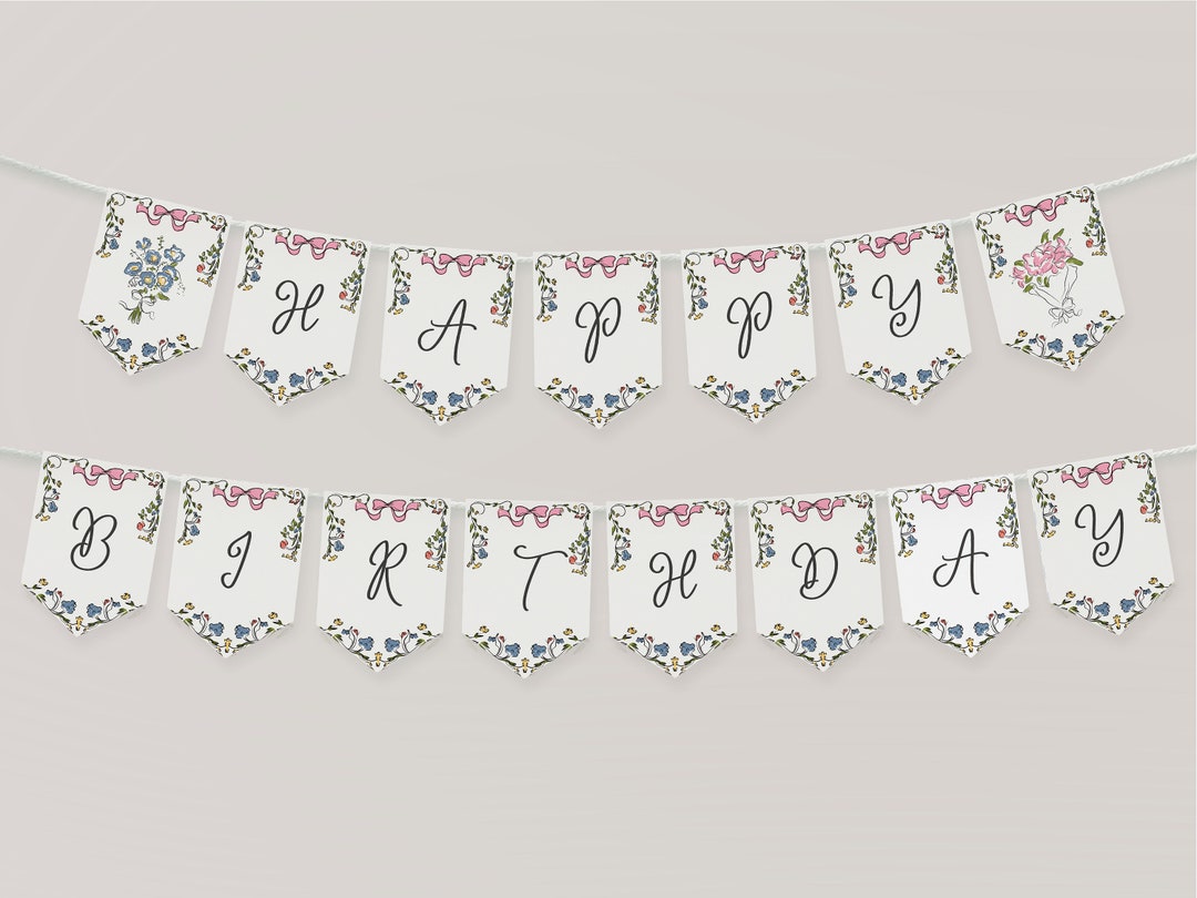 Whimsical Floral Happy Birthday Banner Printable Template, Hand Drawn ...