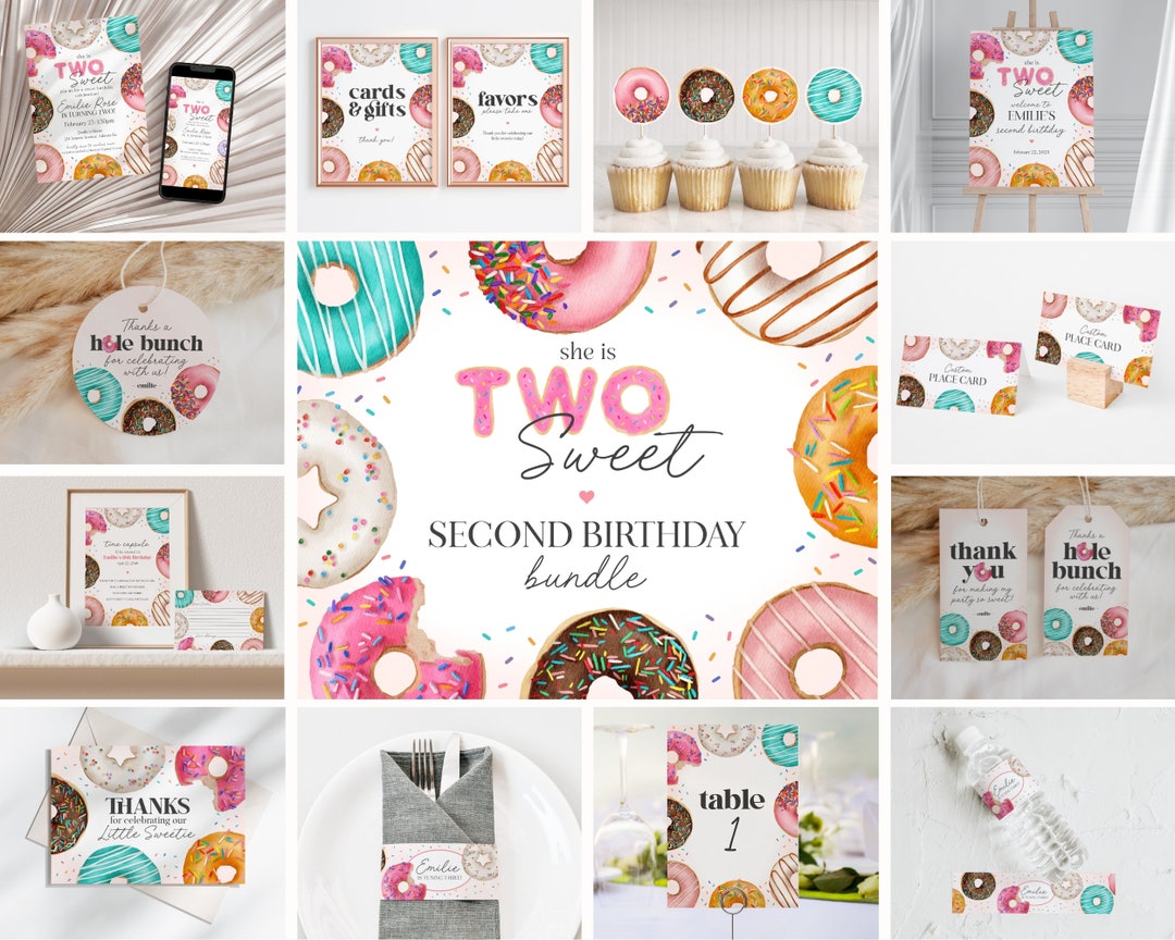 Donut 2nd Birthday Party Bundle Template, Two Sweet Donut Grow up for ...
