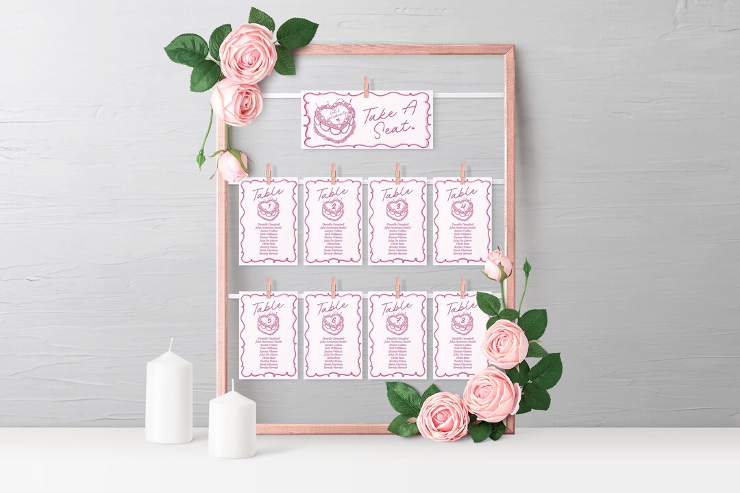 Pink Retro Heart Cake Seating Chart Cards Printable Template, Vintage ...
