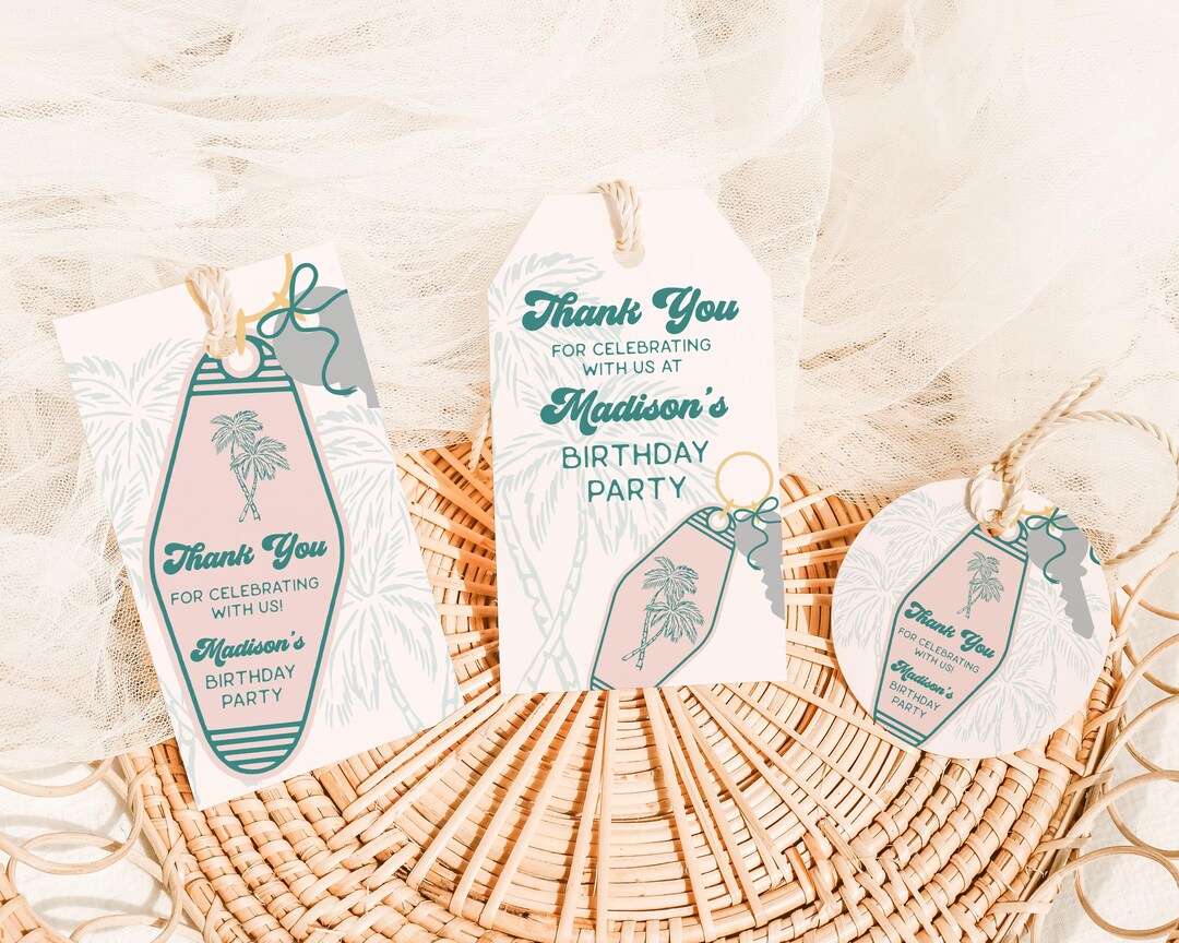 Pink Retro Resort Key Party Favor Tags Template, Vintage Motel Keychain ...