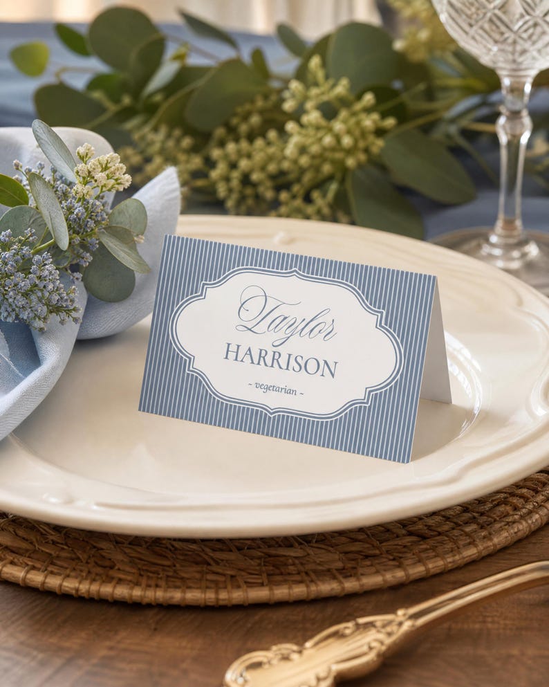 Dusty Blue Hydrangea Place Cards, Editable Wedding Place Card Template ...