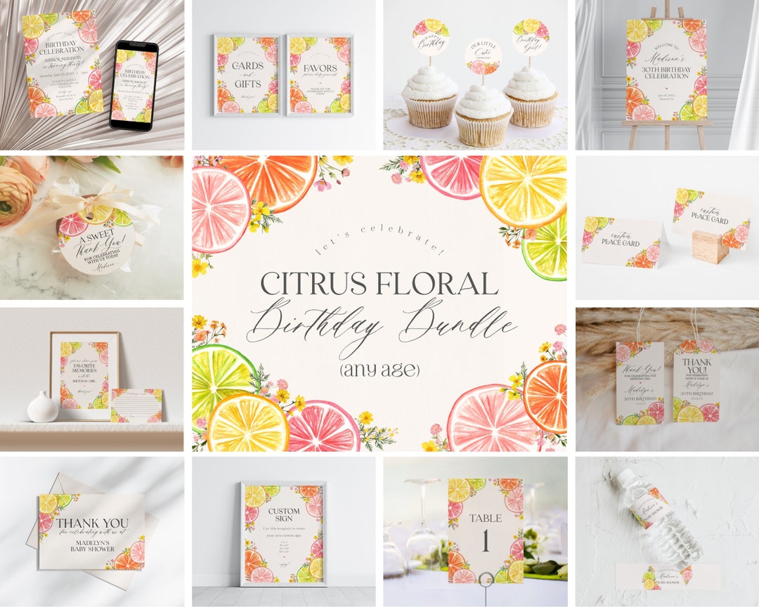 Citrus Floral Birthday Bundle Printable Template, Summer Florida Theme ...