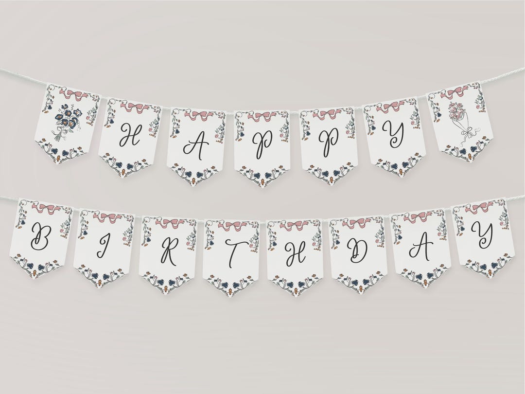 French Floral Happy Birthday Banner Printable Template, Hand Drawn ...