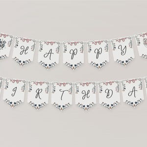 French Floral Happy Birthday Banner Printable Template, Hand Drawn ...