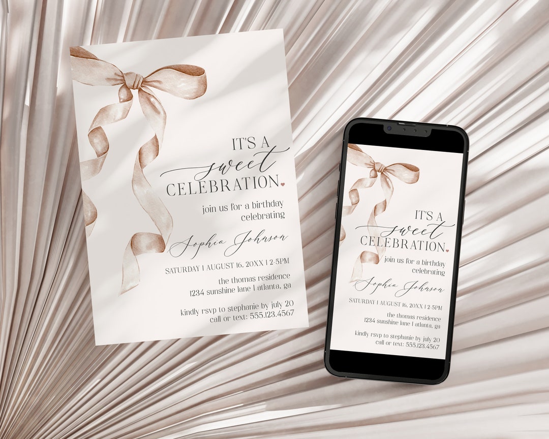 Beige Bow Birthday Invitation Printable Template, Neutral Preppy ...