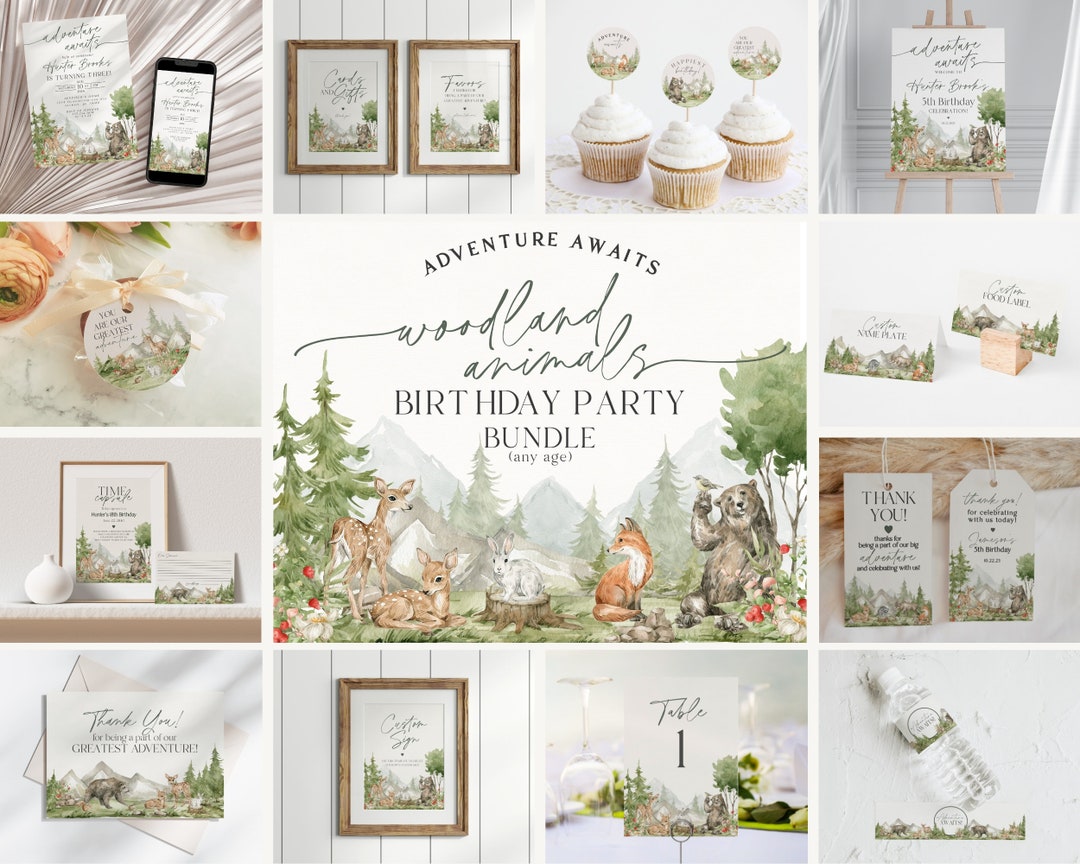 Woodland Animals Birthday Party Bundle Printable, Adventure Awaits ...