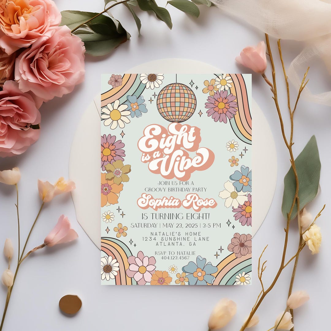 Eight is a Vibe Groovy Floral 8th Birthday Invitation Template, Retro ...