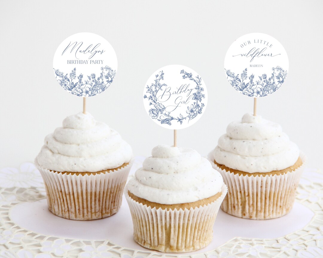 Blue Chinoiserie Birthday Cupcake Toppers Printable Template, Elegant ...